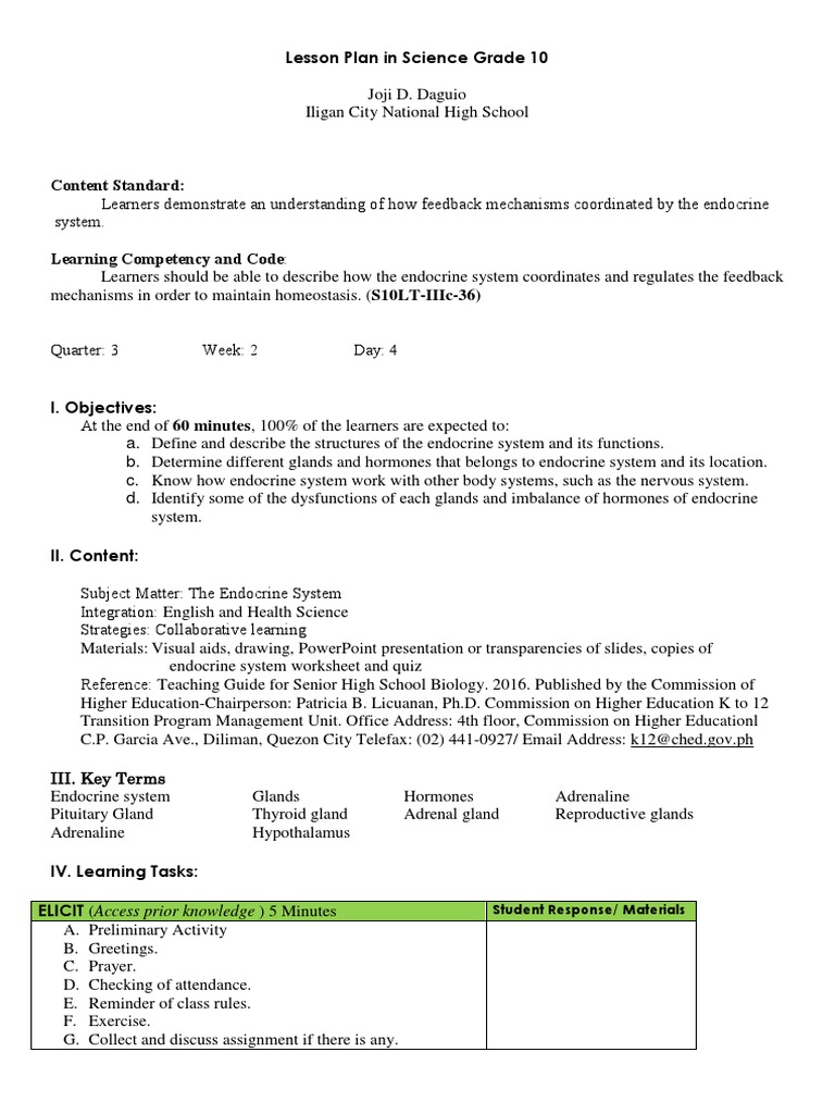 Grade 10 Endocrine System Lesson Plan | PDF | Endocrine System | Hormone