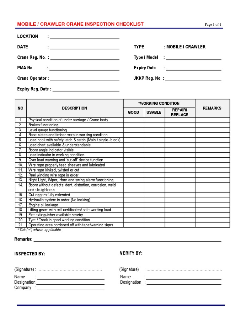 11 Mobile - Crawler Crane Inspection Checklist | PDF