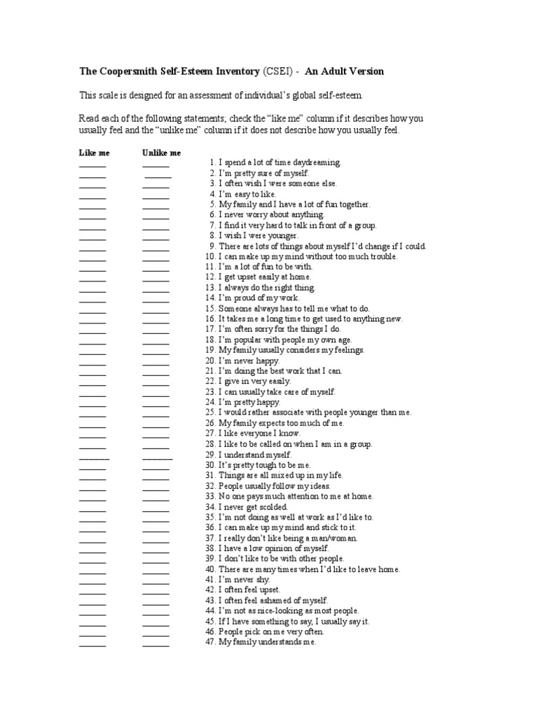 Coopersmith Self-Esteem Inventory | PDF | Psychology | Psychological ...