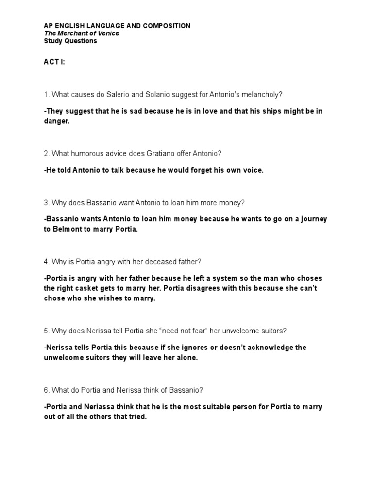 Merchant of Venice Study Questions | PDF | The Merchant Of Venice | Shylock