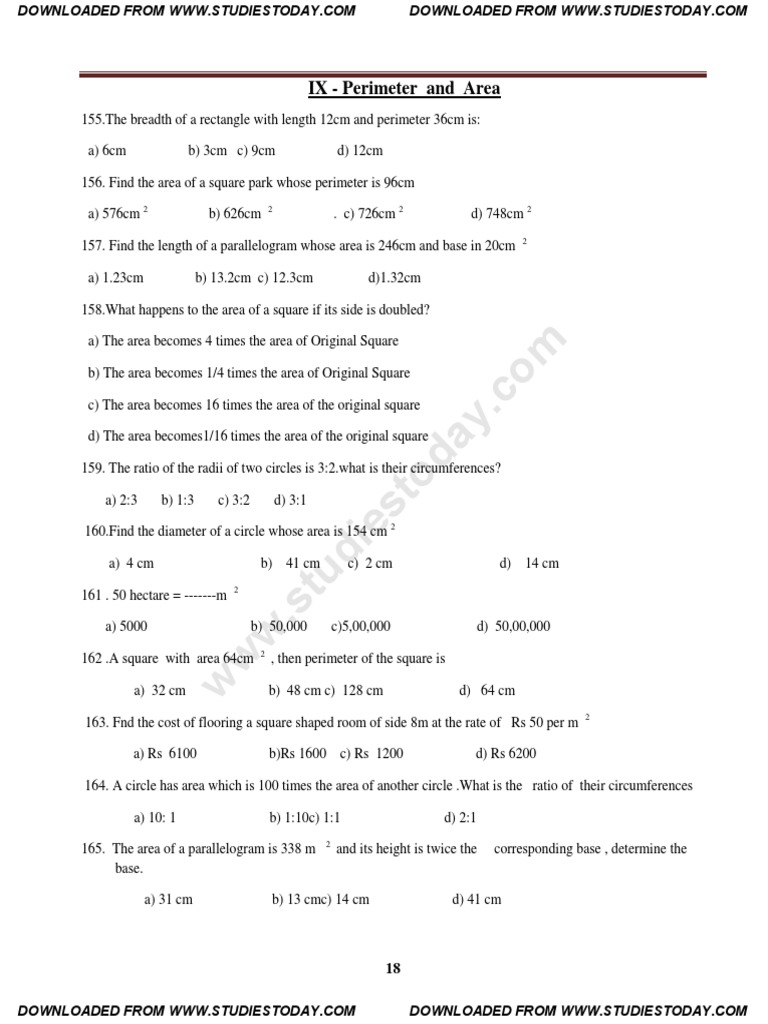Class 7 MCQs on Perimeter and Area | PDF | Area | Elementary Mathematics