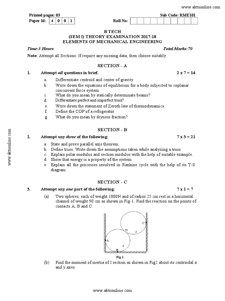 Btech 1 Sem Elements of Mechanical Engineering Rme 101 2017 18 | PDF ...