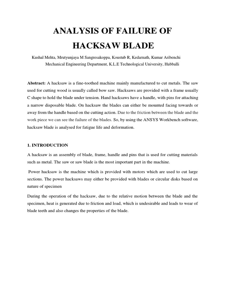 Hacksaw Blade Failure Analysis | PDF | Deformation (Engineering ...