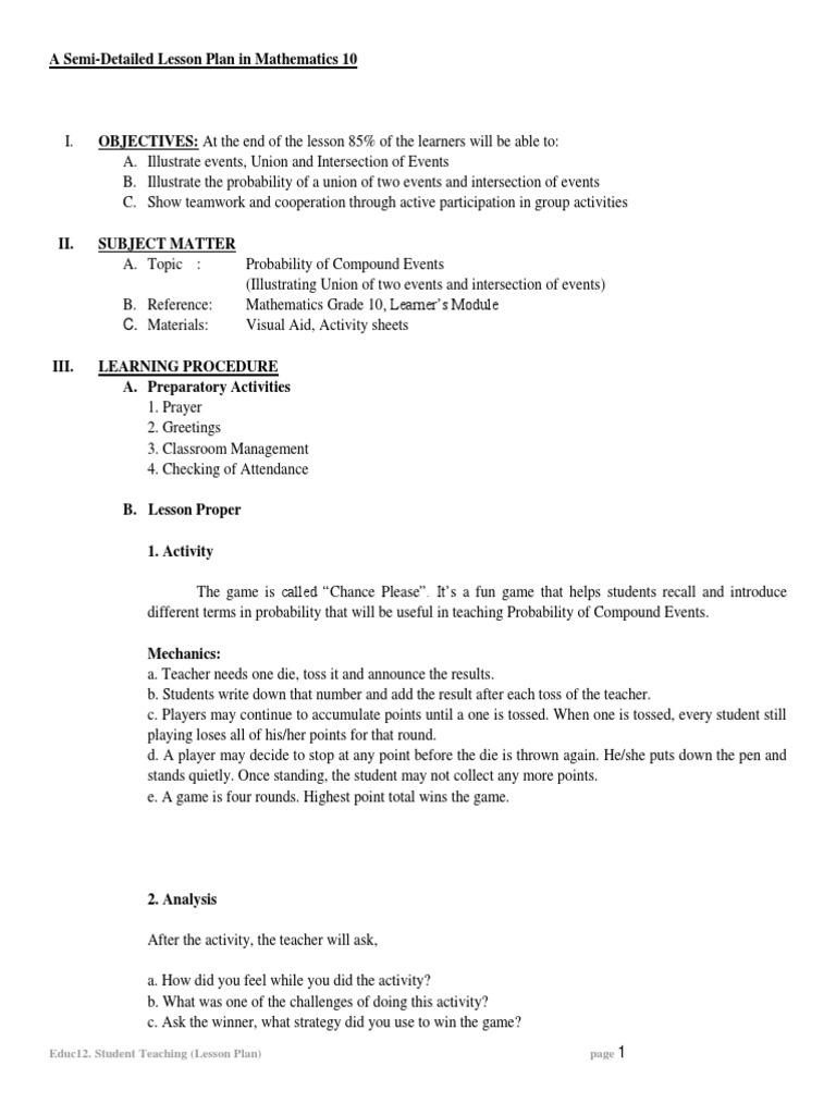 Lesson Plan Grade 10 Mathematics | Lesson Plan | Education Theory ...