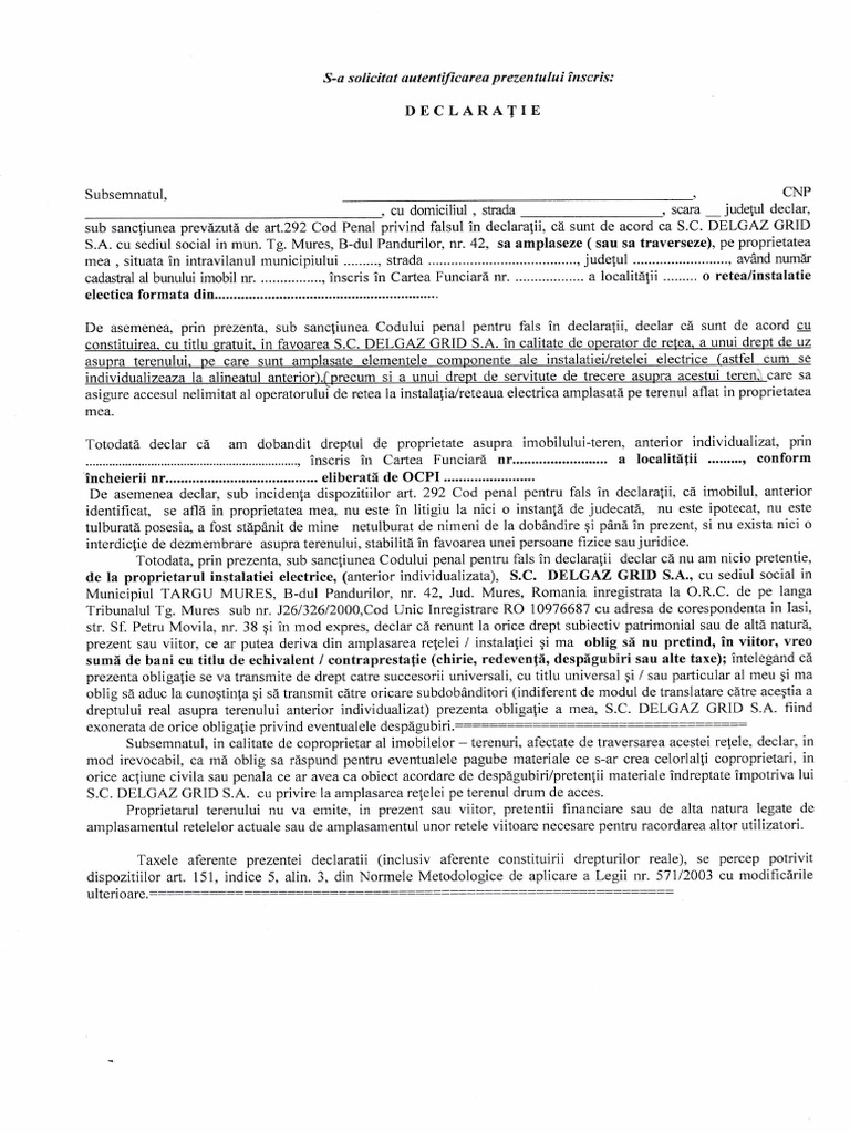 Model Declaratie Notariala Delgaz Grid Sa E.on 2 | PDF