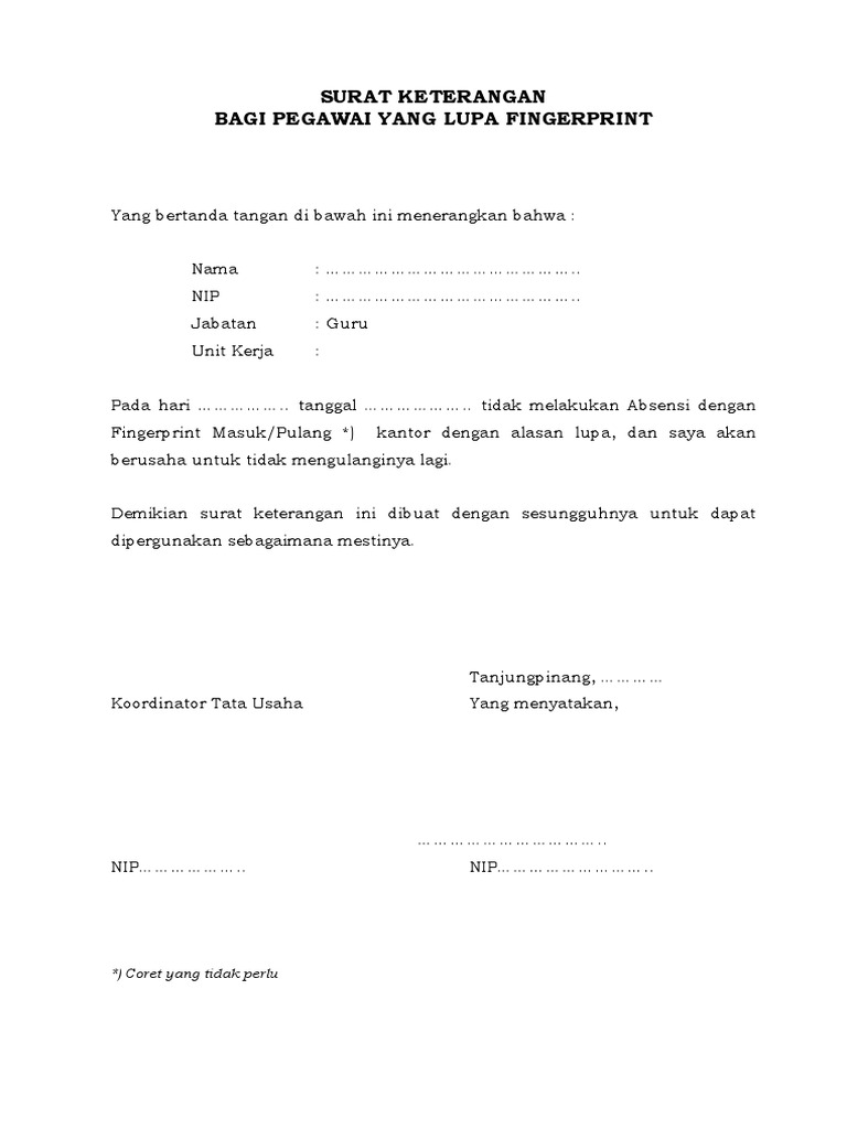 Surat Keterangan Pegawai Lupa Absen Fingerprint | PDF