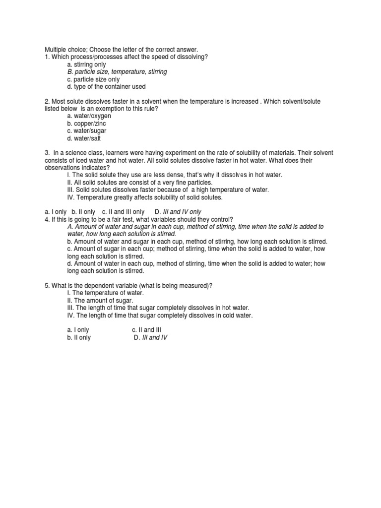 Multiple Choice Quiz Science 7 | Solution | Solubility