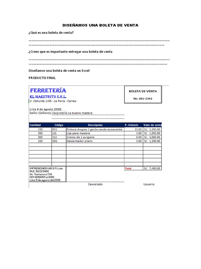 Diseño de Boleta de Venta en Excel | PDF
