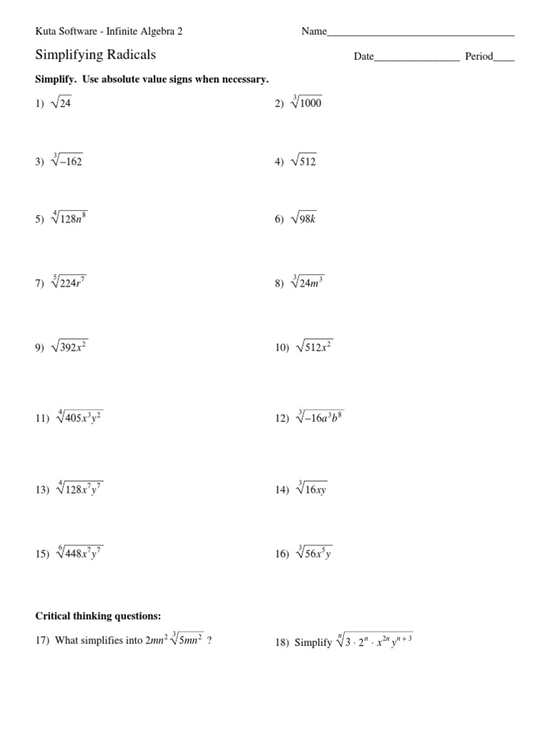 Simplifying Radicals PDF | PDF | Algebra | Teaching Mathematics