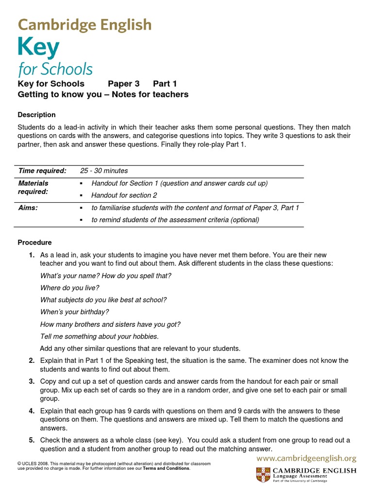 Cambridge English Key For Schools Ket For Schools Speaking Part 1 | PDF ...