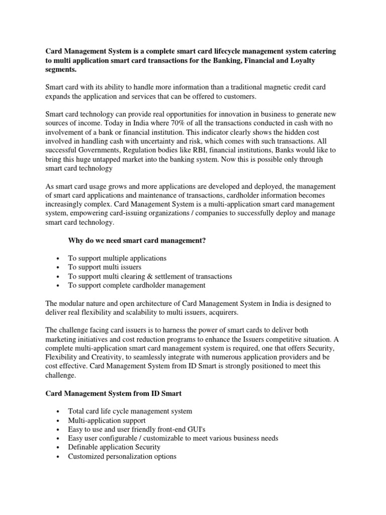 Smart Card Management for Banks | PDF | Smart Card | Credit Card