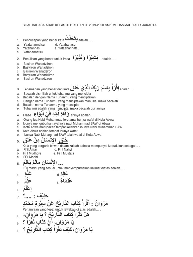 Soal Bahasa Arab Kelas Xi Pts Ganjil 2019 | PDF