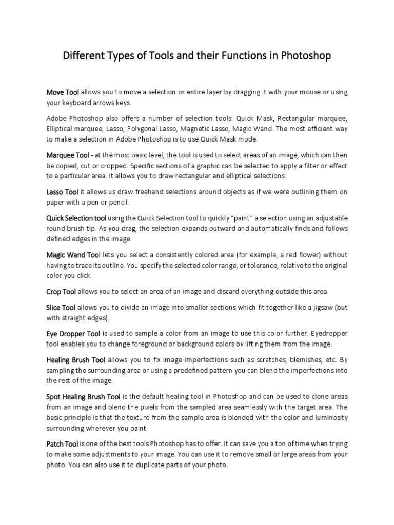 Different Types of Tools and Their Functions in Photoshop | PDF | Adobe ...