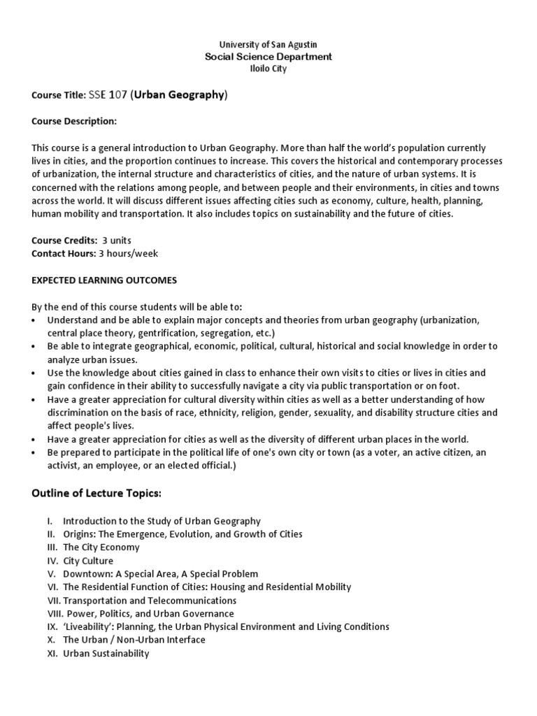 Course Outline On Urban Geography | PDF | Geography | Urbanization