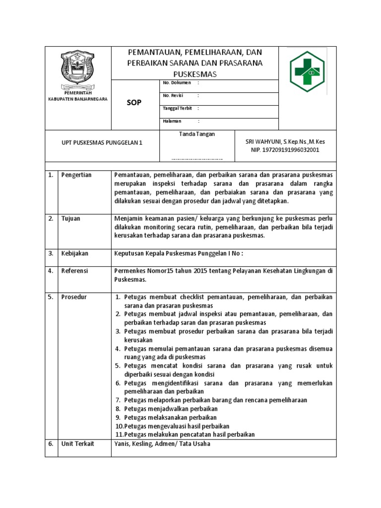 Sop Pemantauan, Pemeliharaan, Dan Perbaikan Sarana Dan Prasarana Puskesmas | PDF