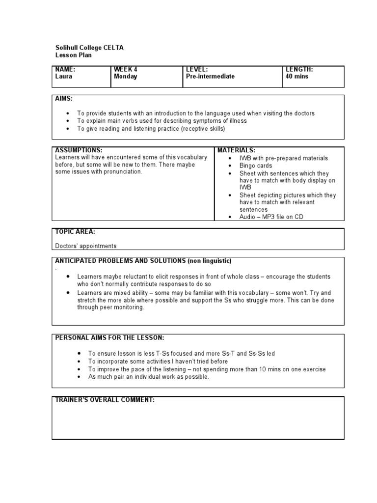 WK 4 Lesson Plan - Going to the Doctors | Vocabulary | Lesson Plan