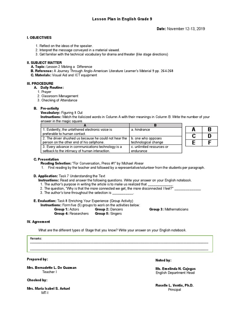 Lesson Plan in English Grade 9 3Q Day 2 | PDF | Lesson Plan ...