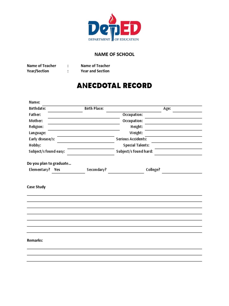 Sample Anecdotal Record (Template) | PDF