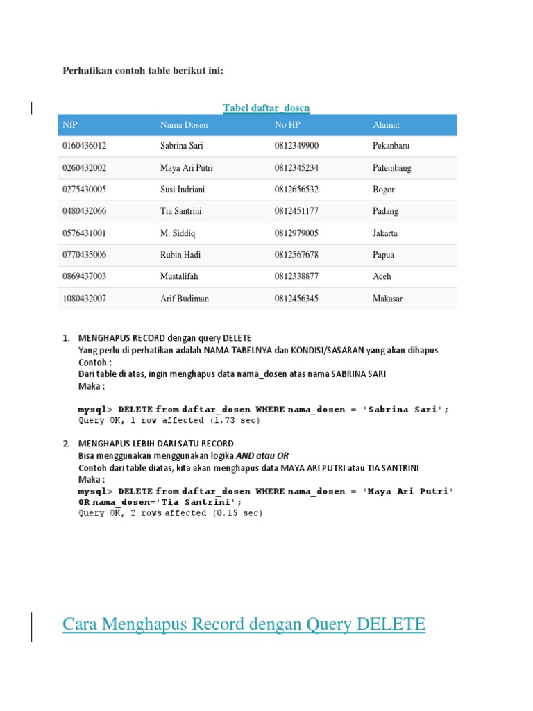 Cata Menghapus Isi Tabel Database | PDF