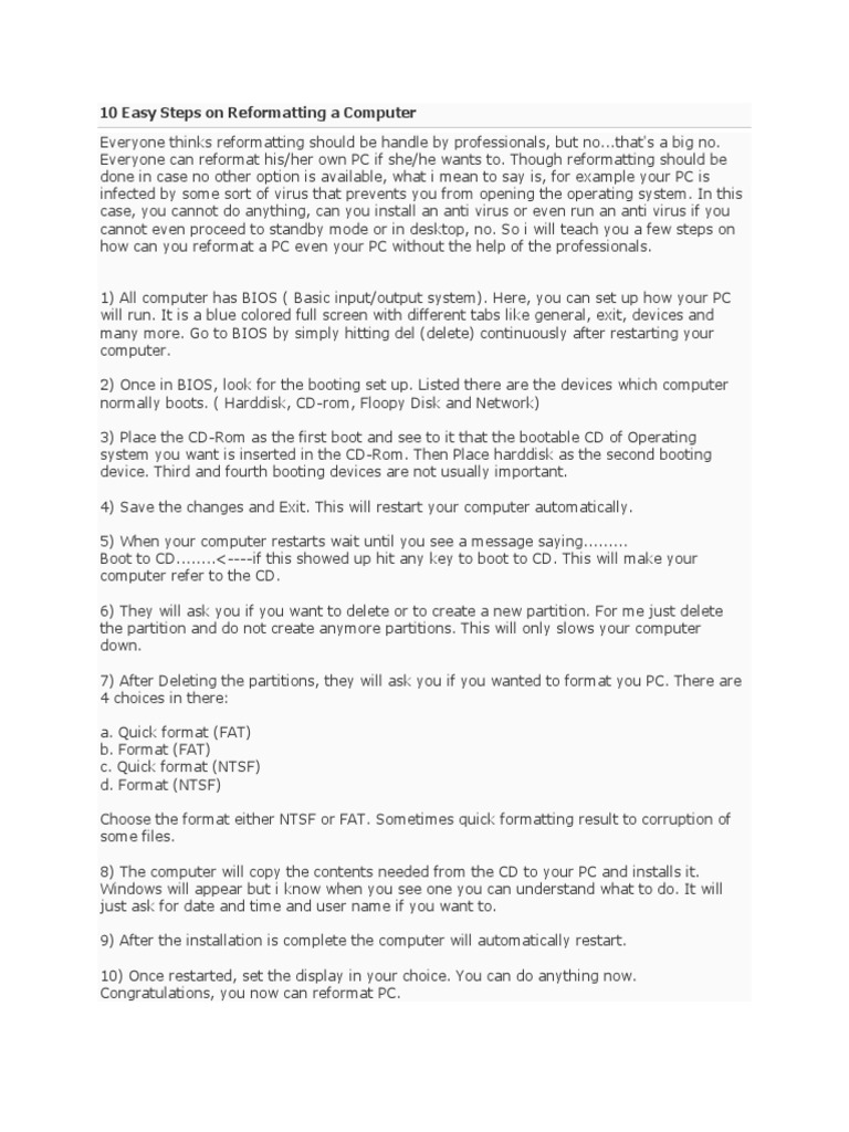 How To Reformat Computer | PDF | Bios | Booting