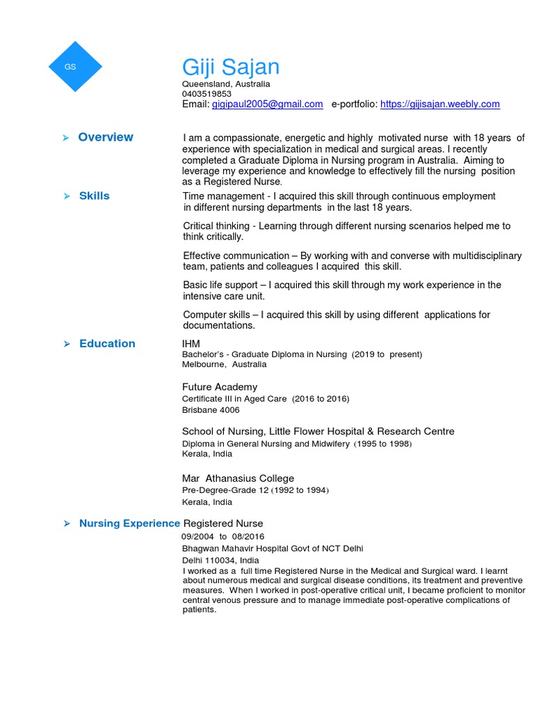Giji Sajan Resume On 24 | Download Free PDF | Nursing | Hospital