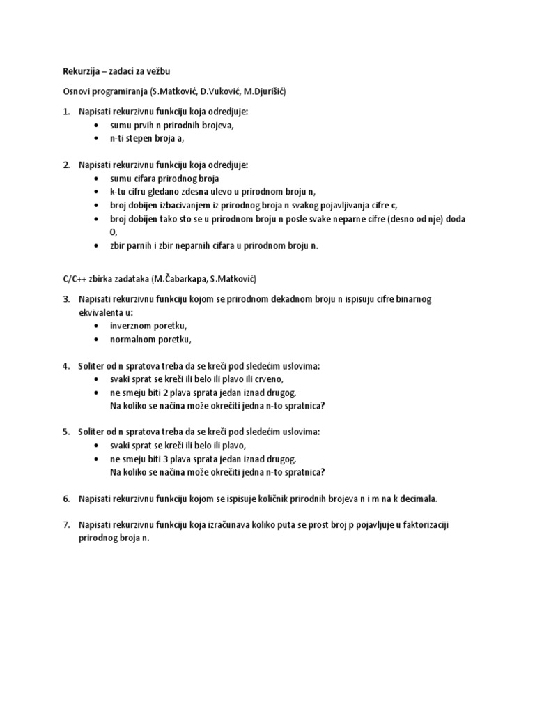 Rekurzija - Zadaci | PDF