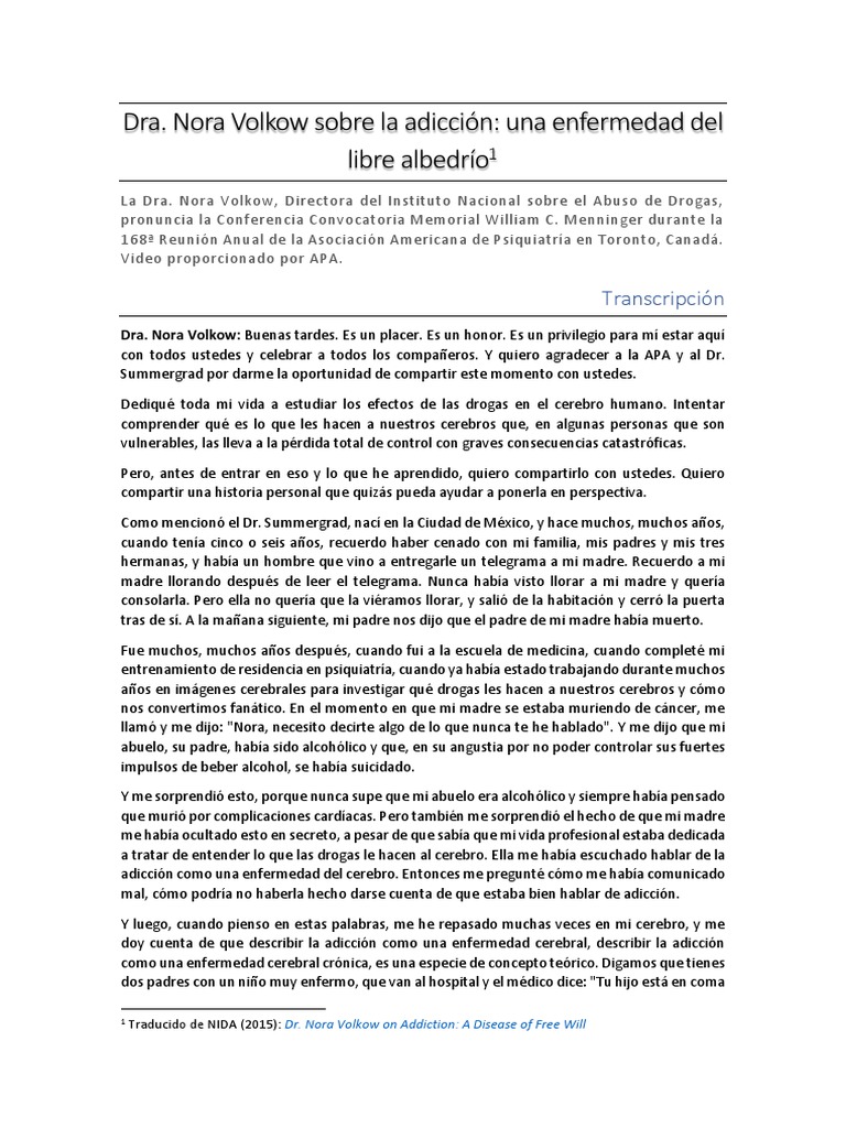 Volkow, Nora. D. (2015) : La Adicción: Una Enfermedad Del Libre Albedrío | PDF | Dopamina | La ...