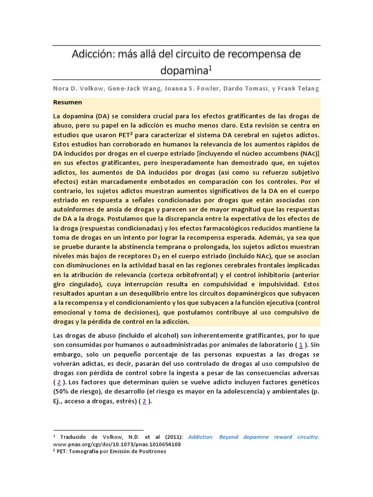 Volkow, N.D. Et Al (2011) : Adicción: Más Allá Del Circuito de Recompensa de Dopamina | PDF ...