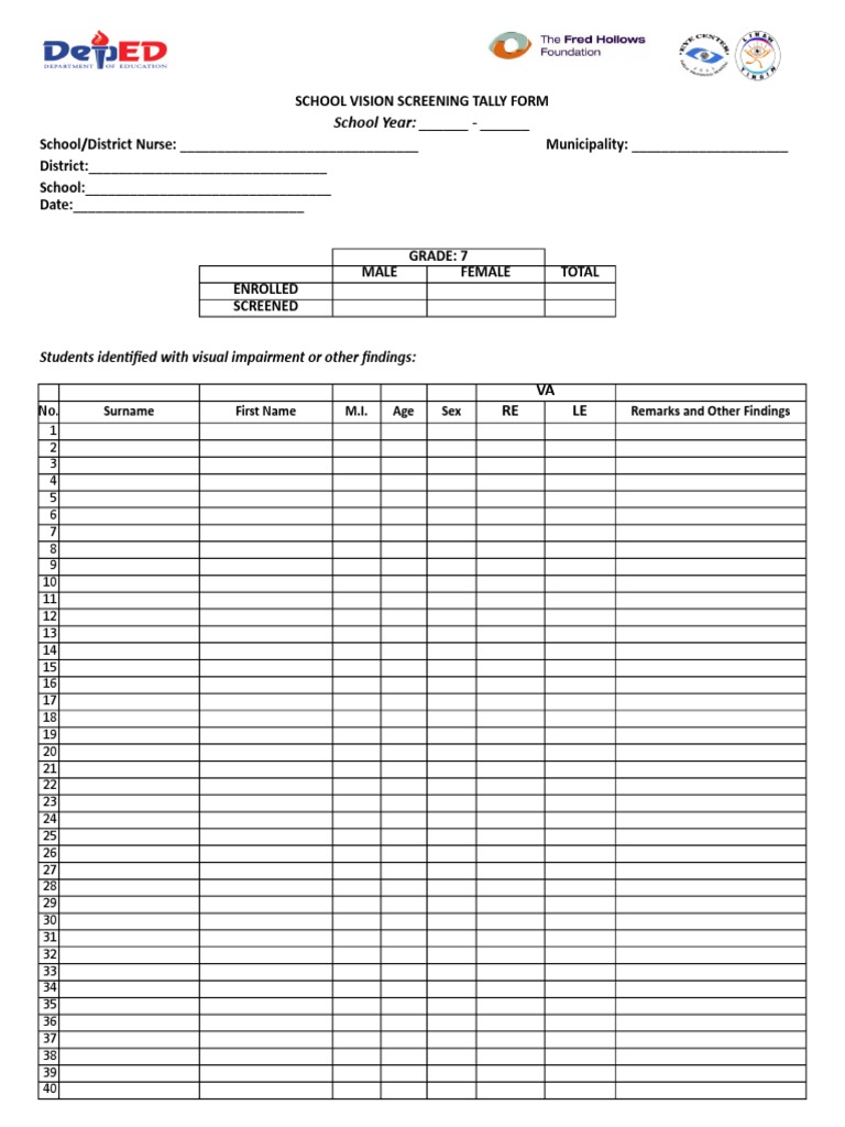 School Vision Screening Tally Form