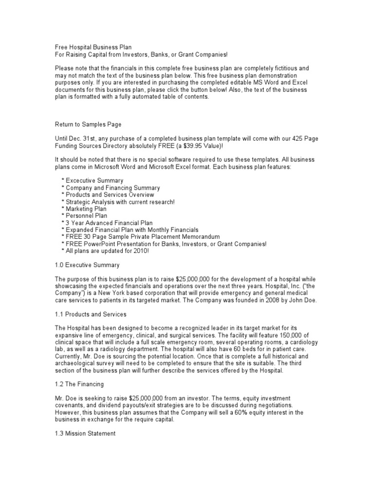 Free Hospital Business Plan Template | PDF | Business Plan | Hospital