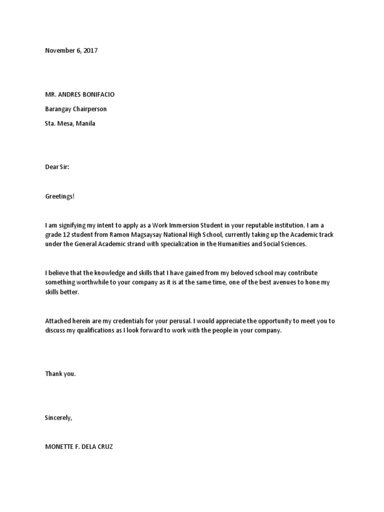 Work Immersion Application Letter | PDF