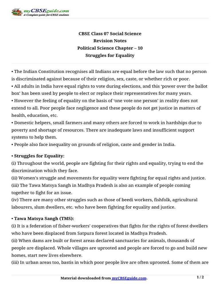 07 Social Science Civics Key Notes Ch10 Struggles For Equality | PDF ...