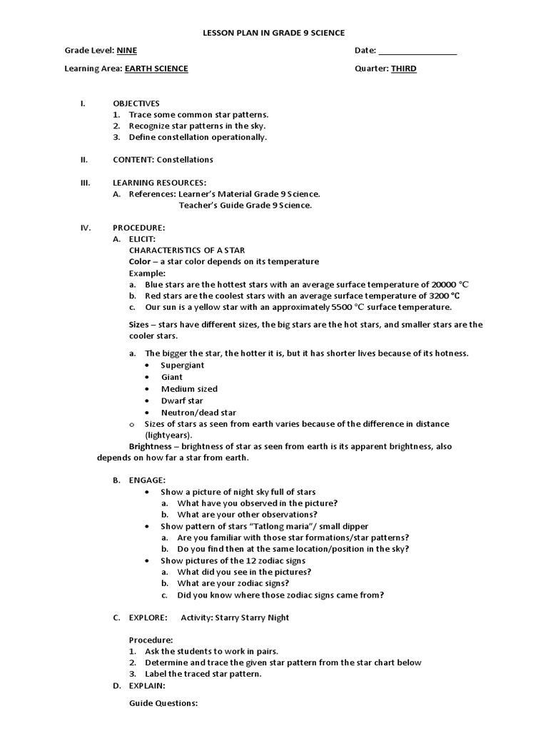 Grade 9 Constellation Lesson Plan | PDF | Constellation | Stars