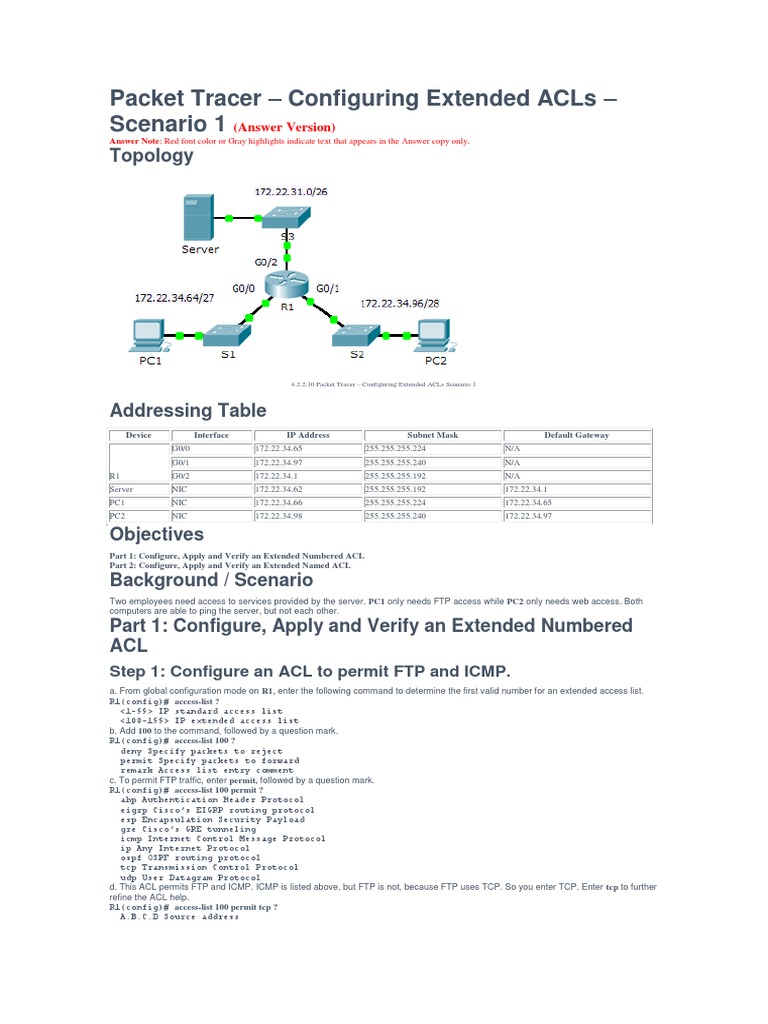 Acl 4.2.2.10 Packet Tracer - Configuring Extended ACLs Scenario 1 | PDF | Port (Computer ...