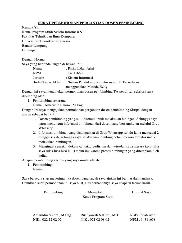 Surat Permohonan Pergantian Dosen Pembimbing | PDF Surat Permohonan Pergantian Dosen Pembimbing | PDF