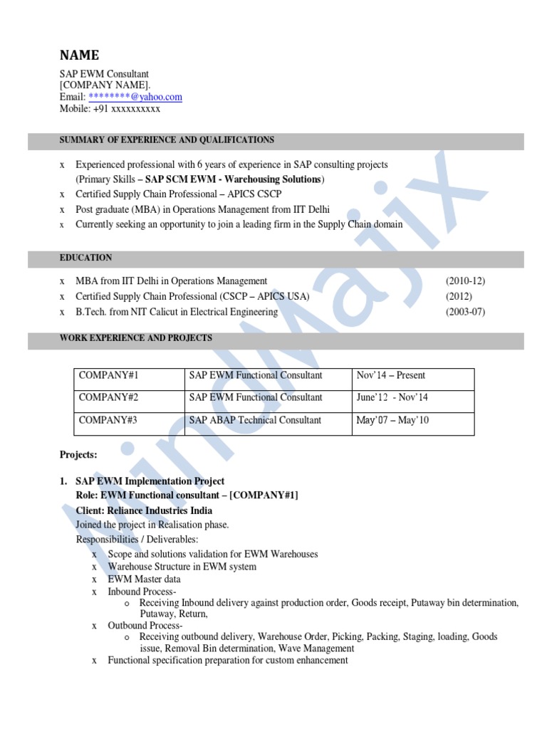SAP EWM Sample Resume 1 | Warehouse | Sap Se