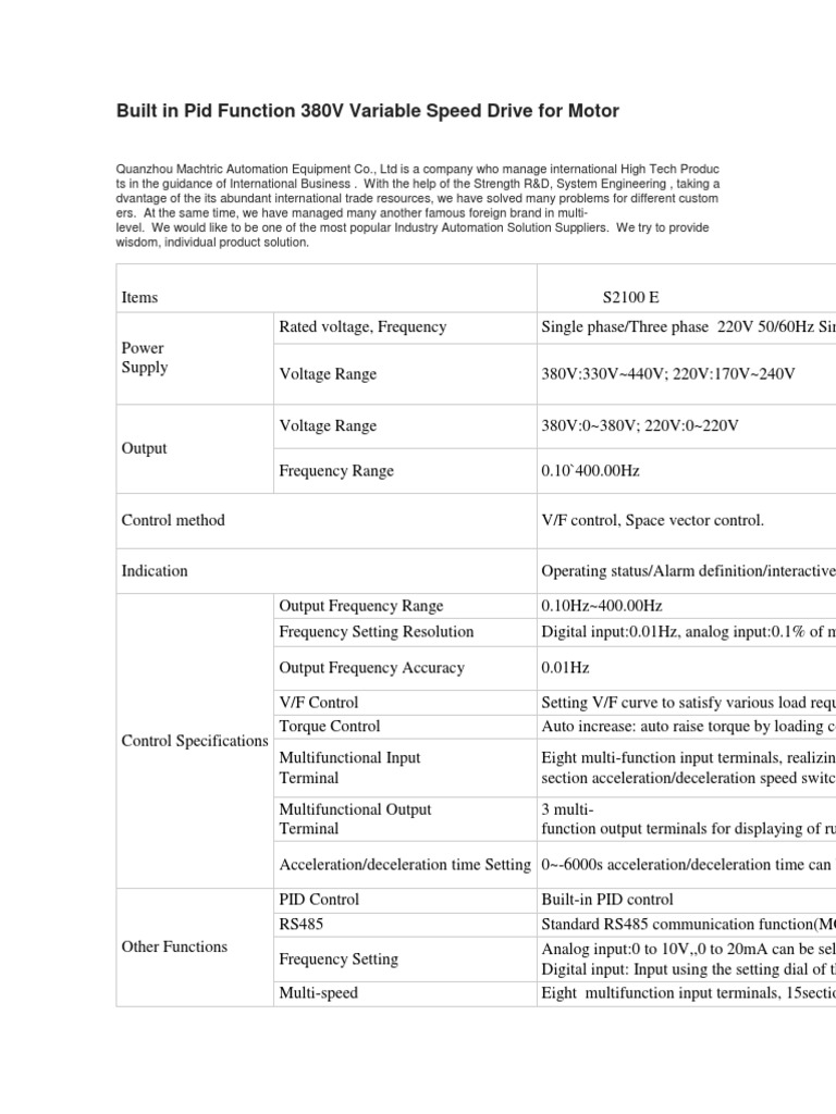 Built in Pid Function 380V Variable Speed Drive For Motor | PDF ...