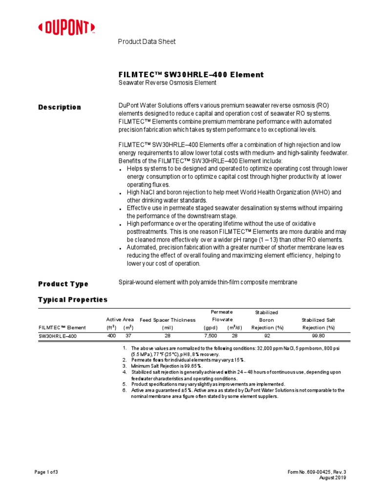 Sw30-Hrle400 Data Sheet | PDF | Chemistry | Water