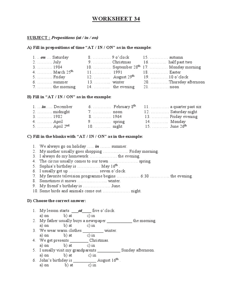 Prepositions Exercises - English | PDF