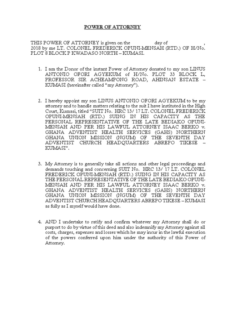 Colonel Opuni-Mensah Power of Attorney PDF | PDF