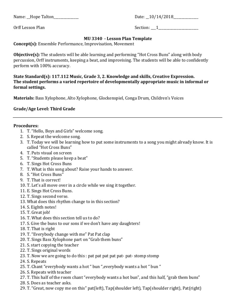 Orff Lesson Plan: Hot Cross Buns | PDF | Performing Arts | Entertainment