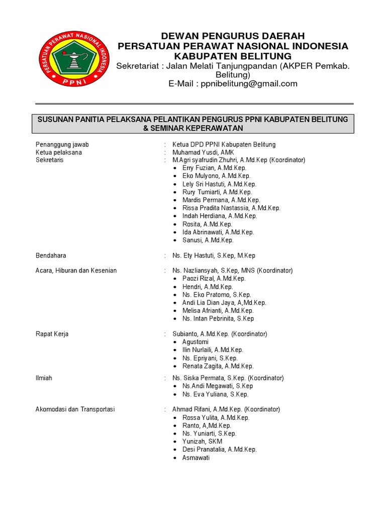 Lamp 1 Susunan Panitia Seminar Dan Pelantikan Pengurus Ppni | PDF