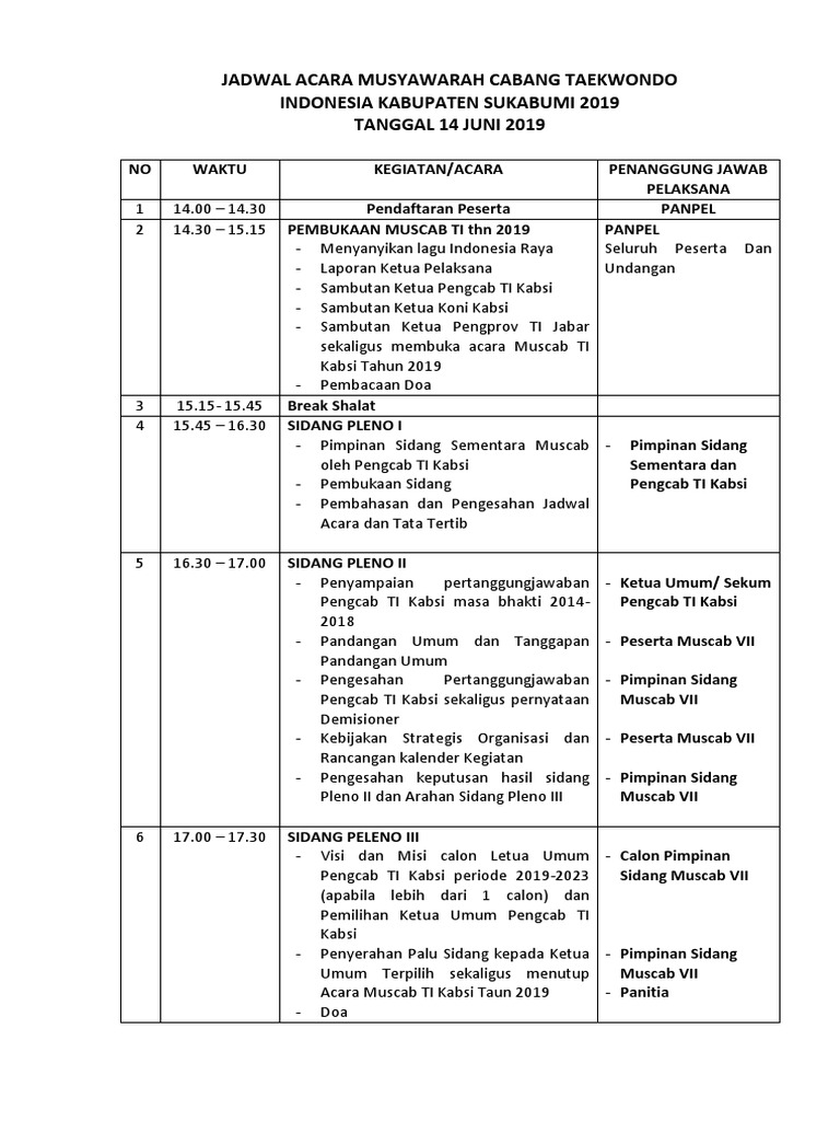 Jadwal Acara Musyawarah Cabang Taekwondo | PDF