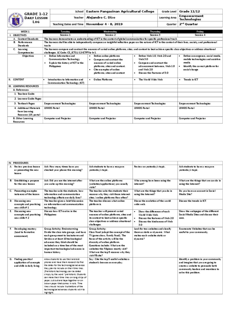 Empowerment Tech Lesson Plan Q2 W1 | PDF | Educational Technology ...