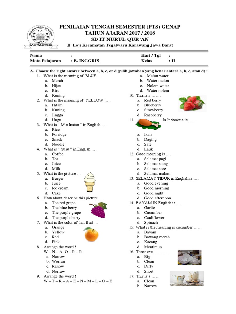Soal Bahasa Inggris Kelas 2 SD | PDF | Berry | Edible Fruits