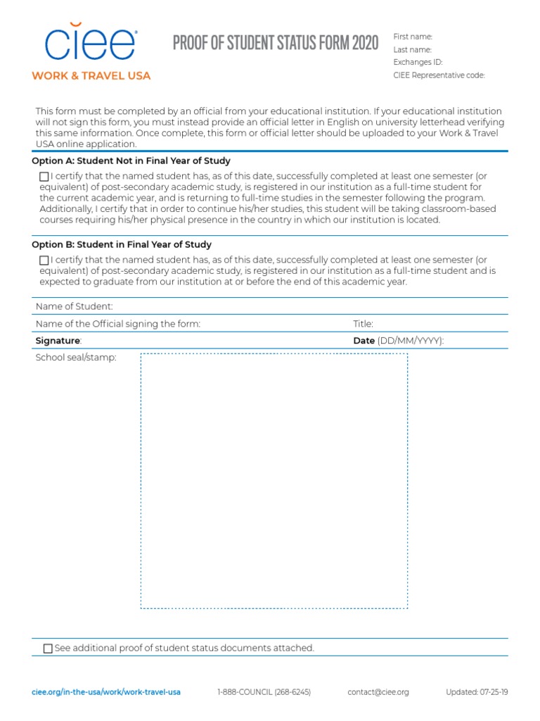 WAT Proof of Student Status Form 2020 | PDF