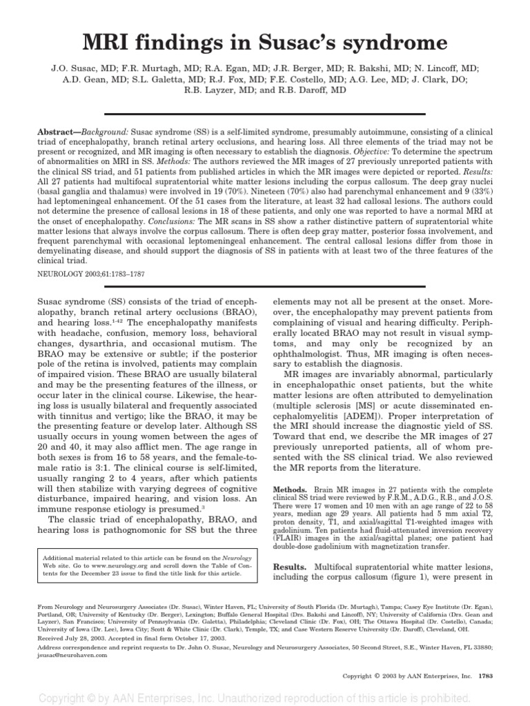 MRI Findings in Susac Syndrome | PDF | Medical Specialties | Neuroscience