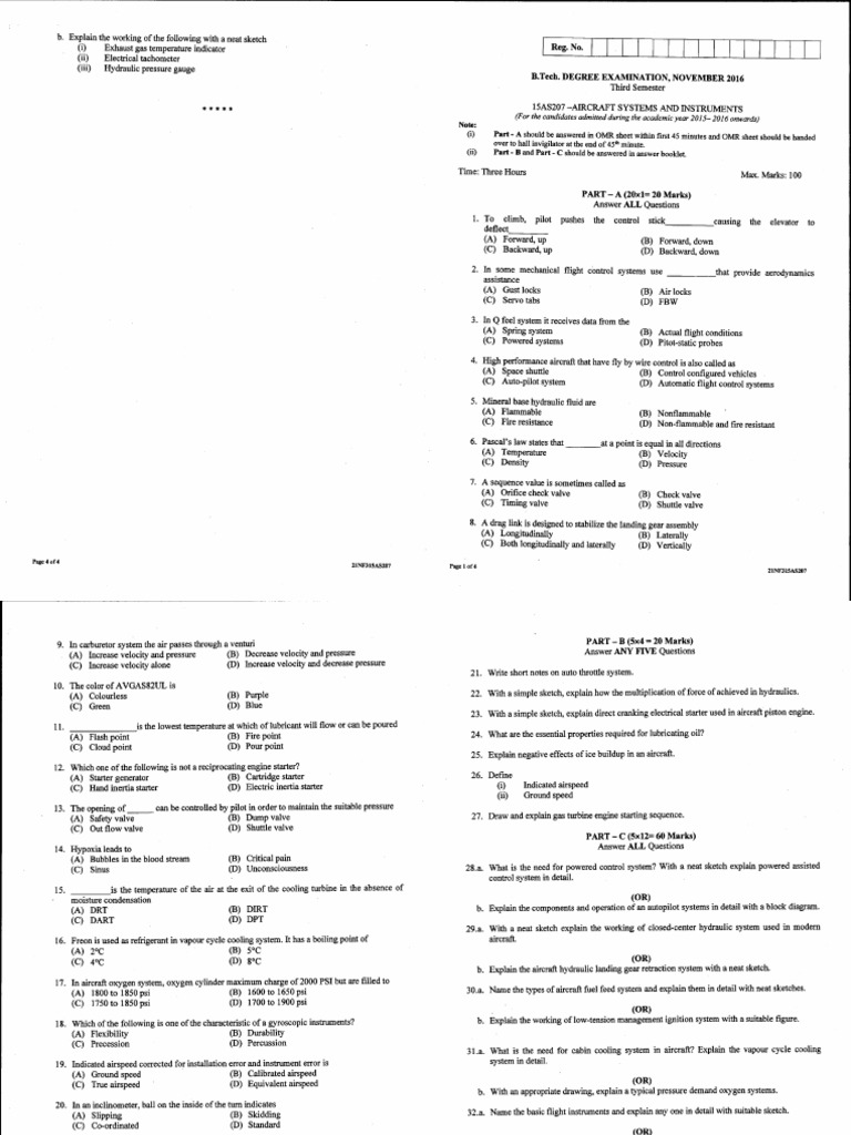Aircraft Systems and Instruments SRM Question Paper | Download Free PDF ...