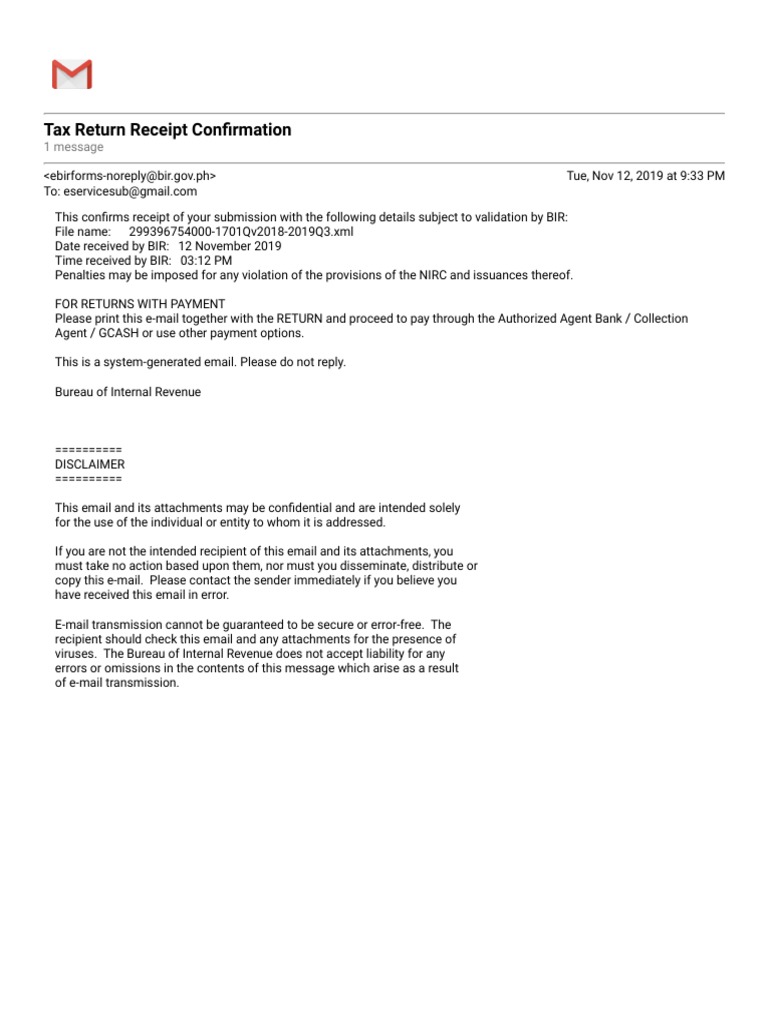 Gmail - Tax Return Receipt Confirmation | PDF
