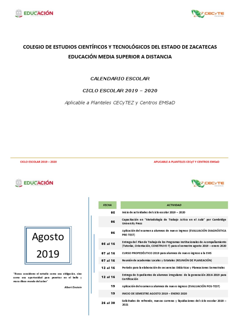 Calendario de Actividades Del Ciclo Escolar 2019 - 2020 | PDF ...